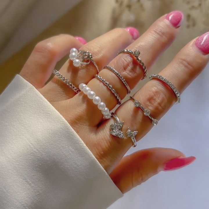 9Pcs/Set New Crystal Pearl Butterfly Joint Rings Set for Women Girl ...
