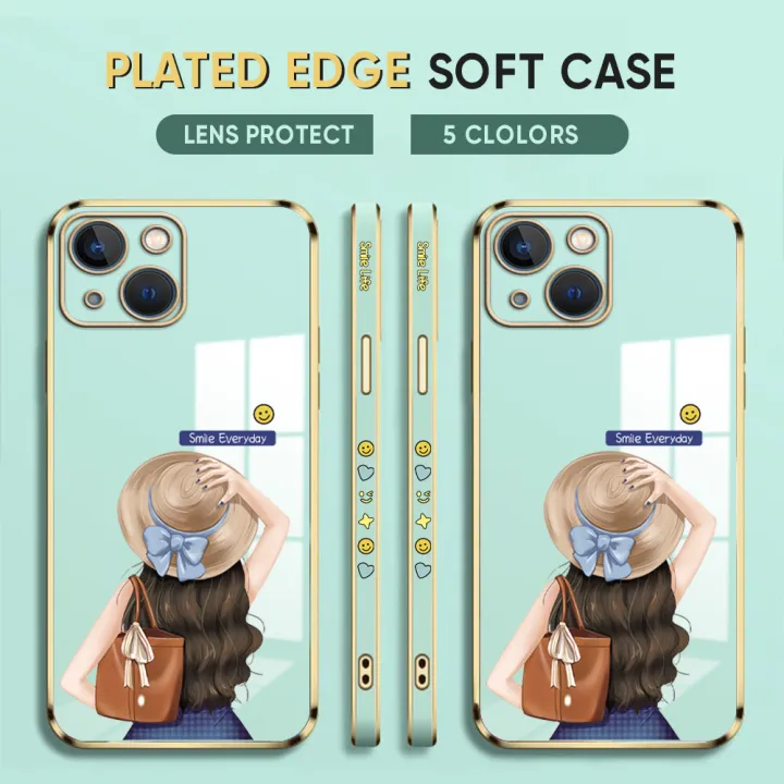 Luxury 6D Plating Case for iPhone 14 Back Cover Cartoon Hat Girl Side ...