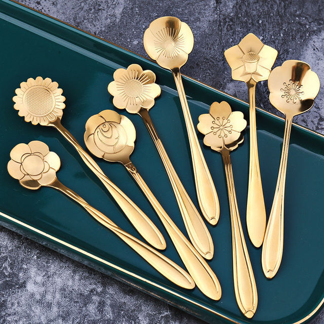 8 PCS Flower Spoons Set Small Teaspoons Stainless Steel Coffee Spoons ...