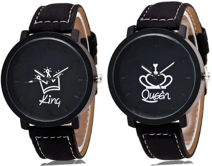King and Queen Crown Couples Watch Wristwatch with PU Faux Leather Band ...