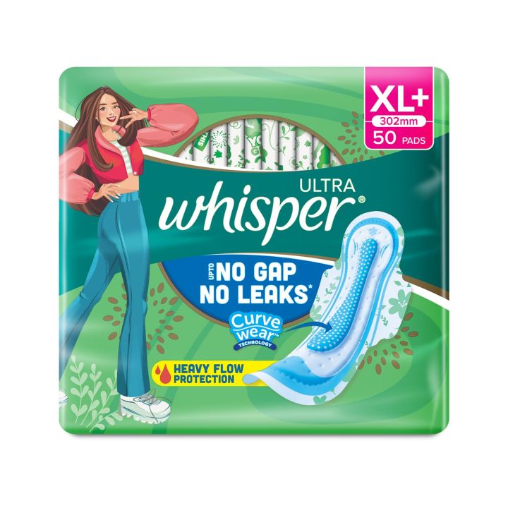 WHISPER ULTRA HYGIENE+COMFORT SANITARY PADS, 50 XL+ PADS, FOR HEAVY ...