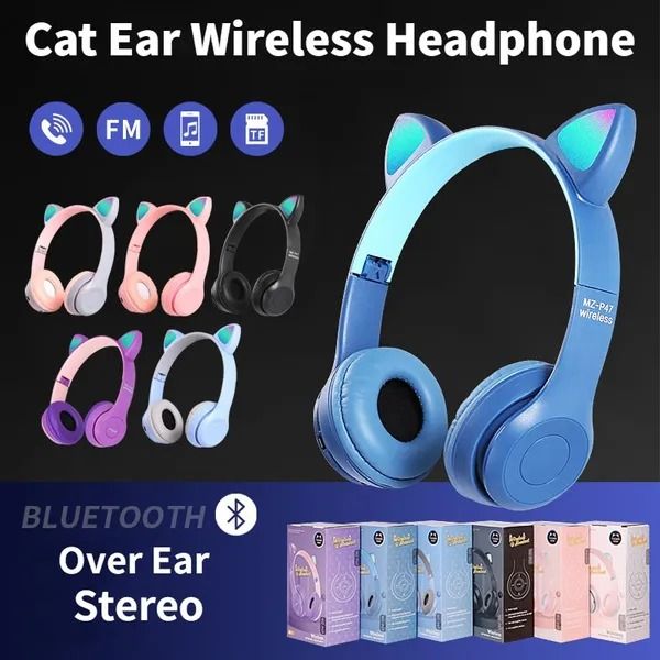 New Cat Ear Design Bluetooth 5.0 P47M Headphone Wireless Headband Earphone Hands Free Music ...