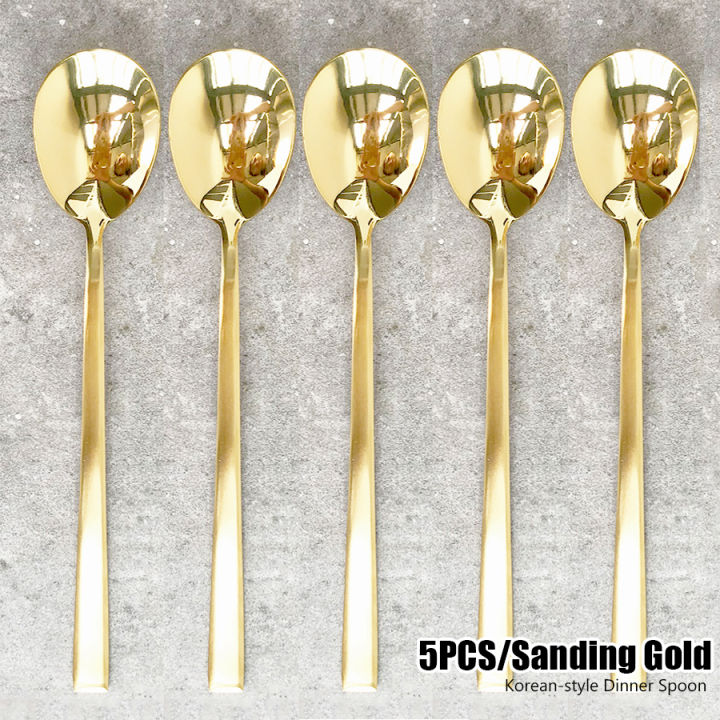 【BestGO】21cm Gold Korean-style Stainless Steel Dinner Spoons Korean ...