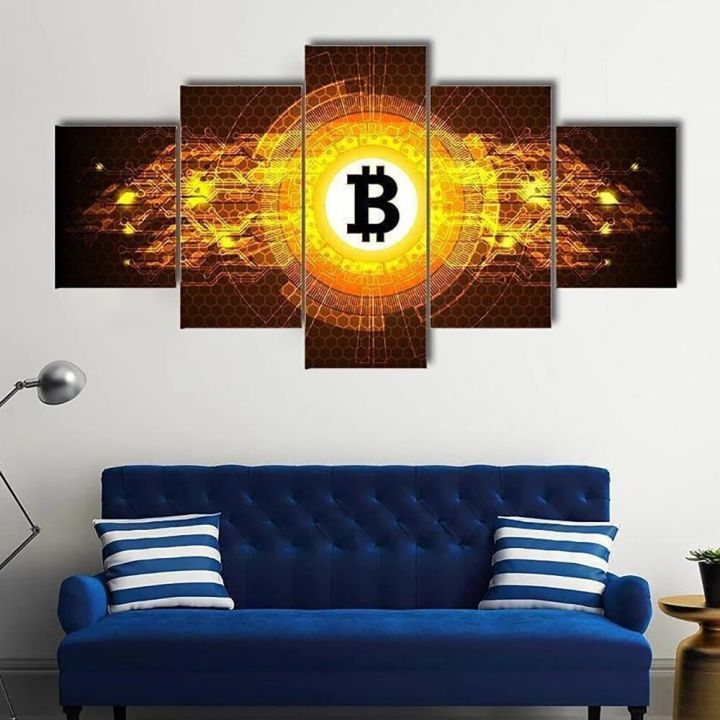 wall art 5 Panels Canvas Art Wall Home Decor Yellow Bitcoins Crypto ...