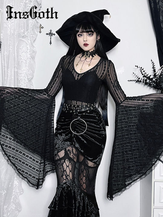 InsGoth Gothic Lace Sweetheart Neck Bodysuit Women's Sheer Mesh Flare ...