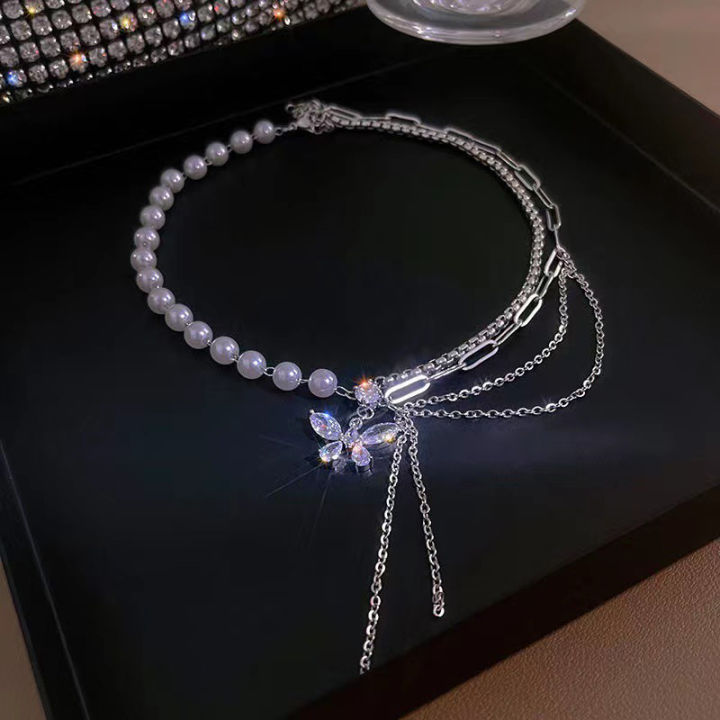 Pearl Necklace Zircon Butterfly Tassel Pendant Stitching Light Luxury ...