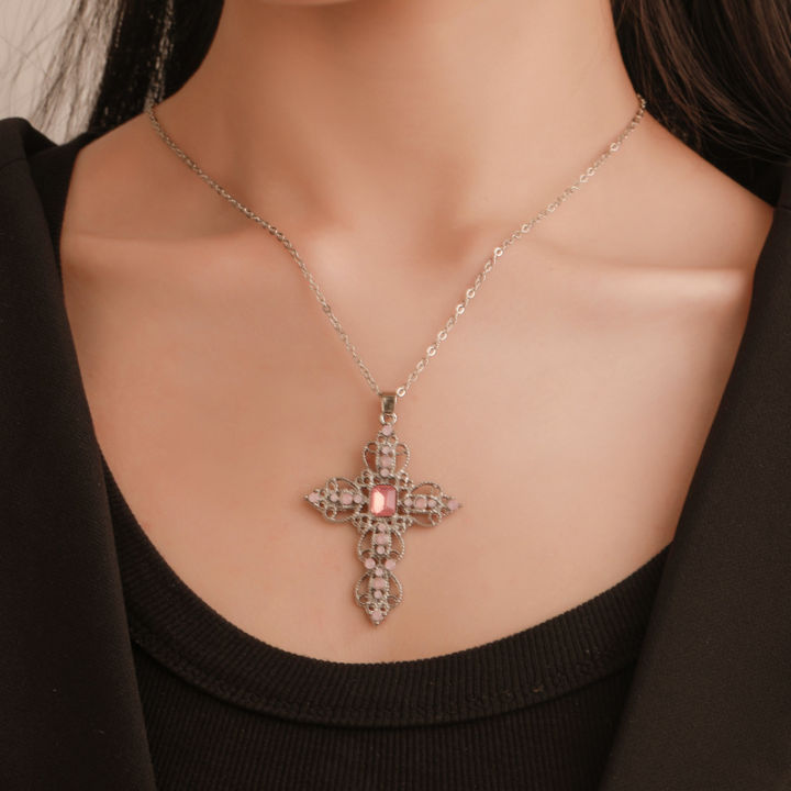 Gothic Pink Crystal Cross Necklace for Women Rhinestone Hollow Cross ...