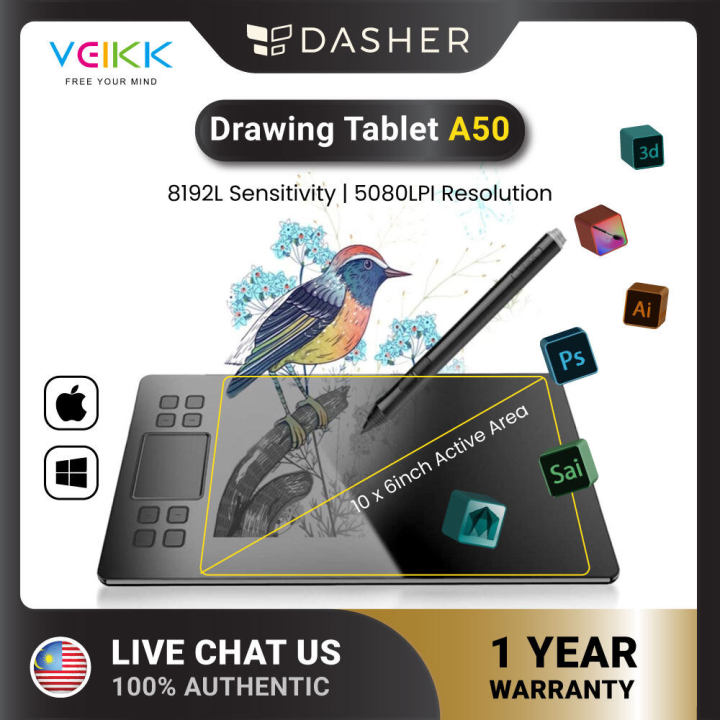 Veikk A50 Graphics Drawing Tablet with 8192 Pressure Sensitivity 10x6 ...