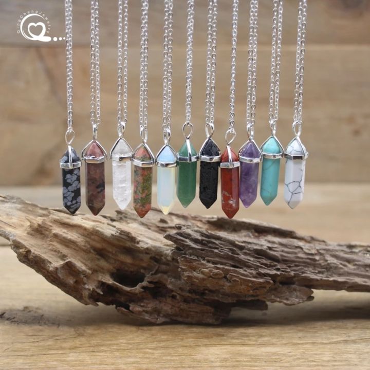 Natural Stone Hexagonal Point Pendants Necklaces Healing Crystal Quartz ...