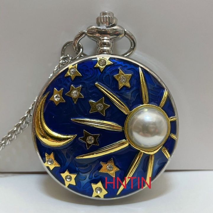 Blue Starry Sky Resin Large Pocket Watch Silver Numbers Stars Moon ...