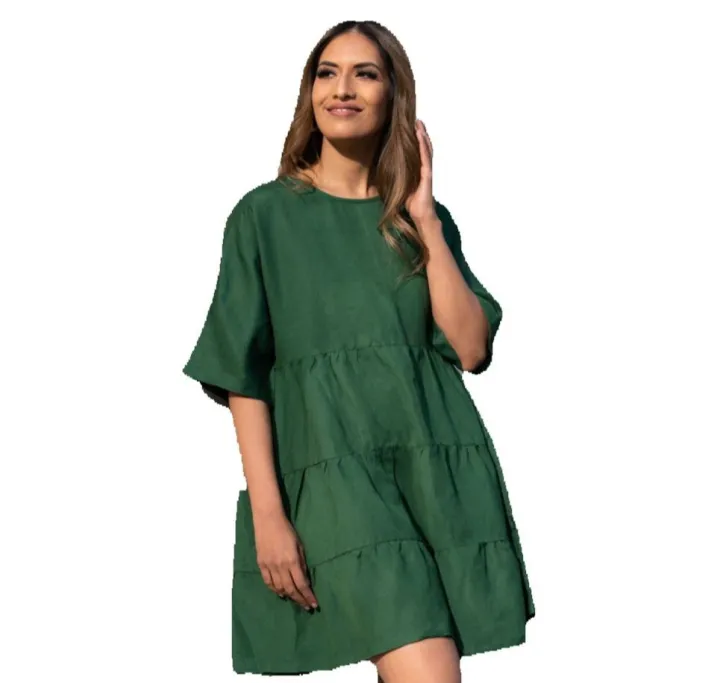 Women Round Neck Plain Linen Dress Solid Color Casual Elegant Dress ...