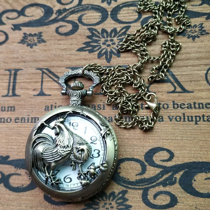 Bronze Zodiac Rooster Nostalgic Large Pocket Watch Relief Big Rooster ...