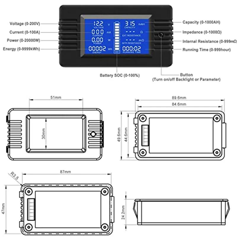 DC Battery Monitor Power Meter Ammeter Digital DC 0-200V Shunt 100A ...