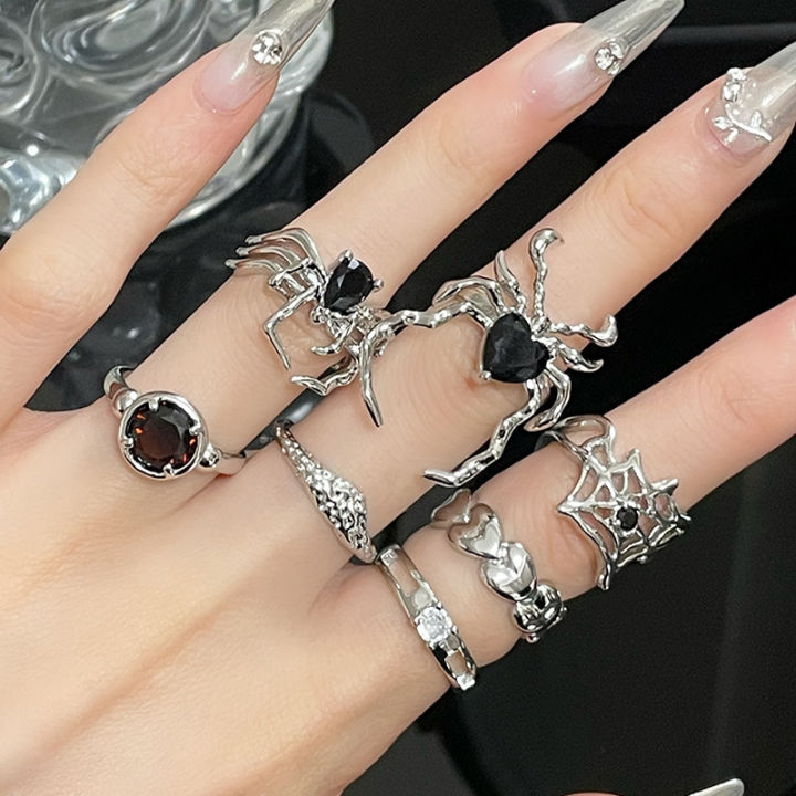 Gothic Irregular Spider Webs Zircon Rings Punk Black Crystal Grunge ...