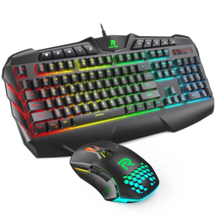 RUNMUS RGB Wired Gaming Keyboard with Comfortable Wrist Rest and Gaming ...