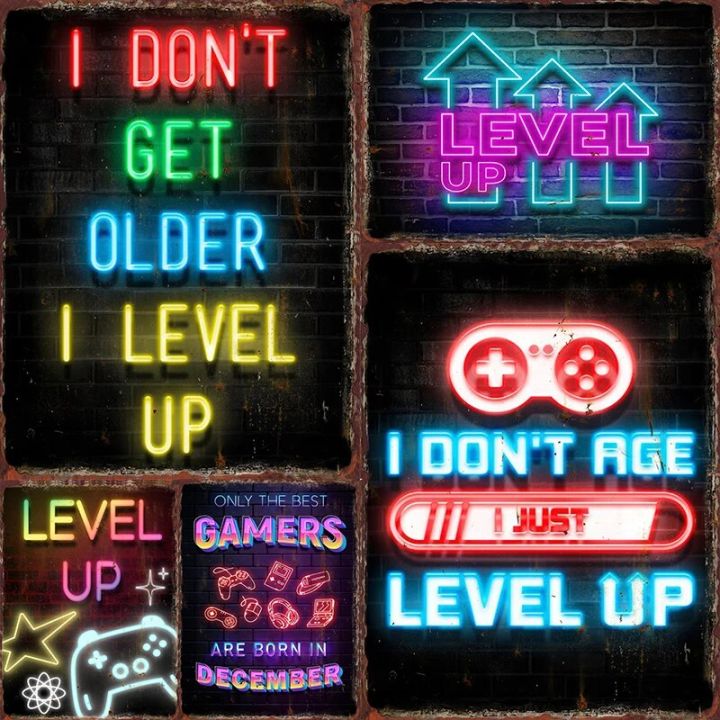 Neon Level Up Poster Metal Tin Sign Art Pictures for Club Home Decor ...