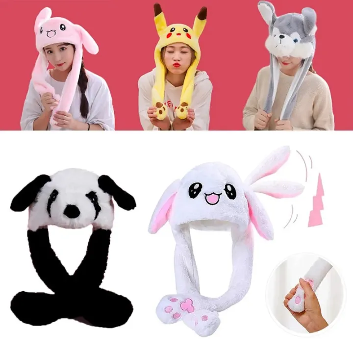 2022 New Rabbit Women's Hat Beanies Plush Can Moving Bunny Ears Hat with Earflaps Movable Ears ...
