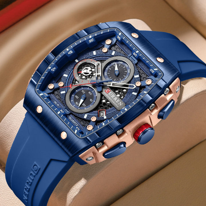 CURREN New Fashion Square Dial Silicone Strap Mens Watches Luxury Sport ...