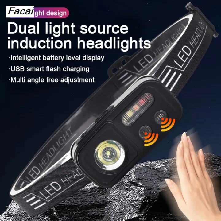 Facai Dual Light Source Sensor Headlamp Mini Rechargeable LED Headlight ...