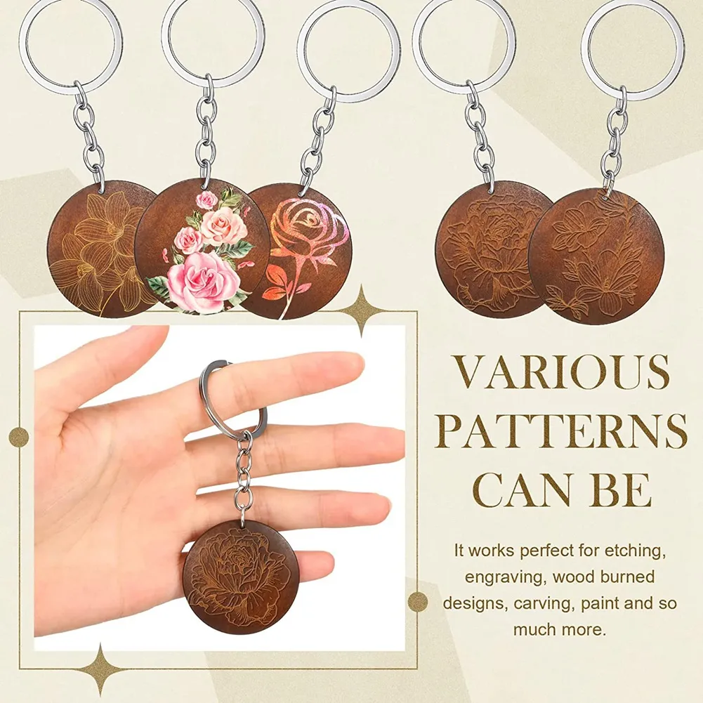 50 Pcs Wood Engraving Blanks Round Shaped Wooden Keychain Set Rings Key ...