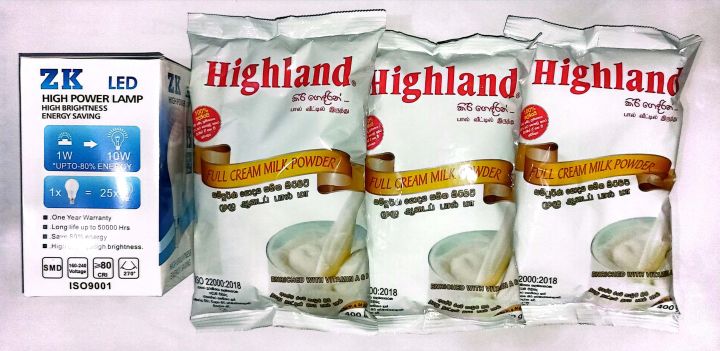Highland full cream milk powder 400g 3 packets and 5w one high power ...