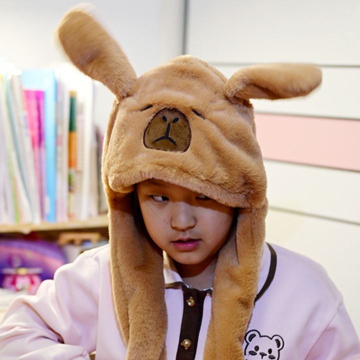 Funny Capybara Jumping Up Cap Animal Ear Plush Ear Moving Hat Warm ...