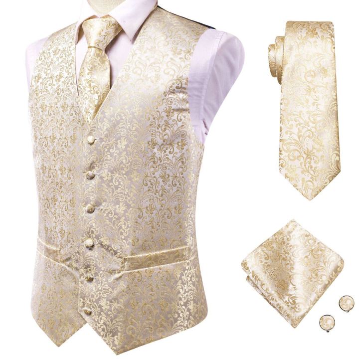 1 Hi-Tie Silk Vest Set For Men Gold Smart Casual Men's Vest Suit Yellow ...
