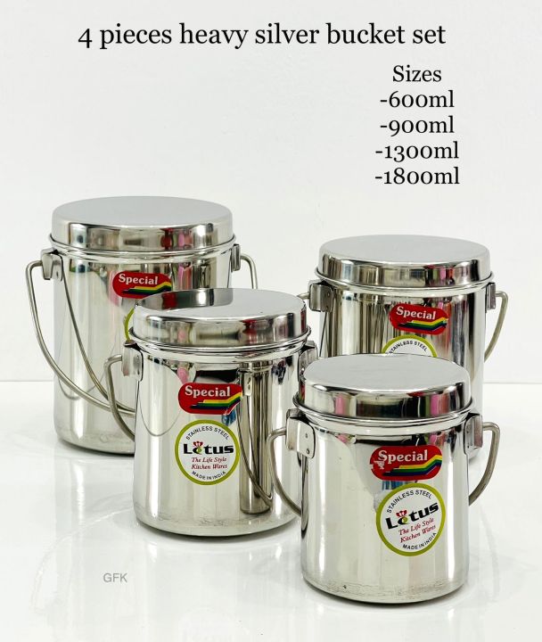 Stainless Steel Bucket / Thooku Vaali / Food & Curry Storage 4 Pcs Set ...