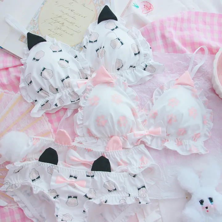 Japanese Lolita Student Bra Set Cute Heart Cat Ears Sweet Underwear Set ...