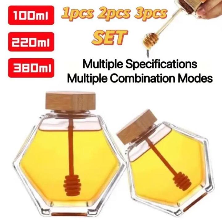 100ml 220ml 380ml Honey Jar with Lid and Spoon 1pcs 2pcs 3pcs Hexagonal Glass Bottle Wooden ...