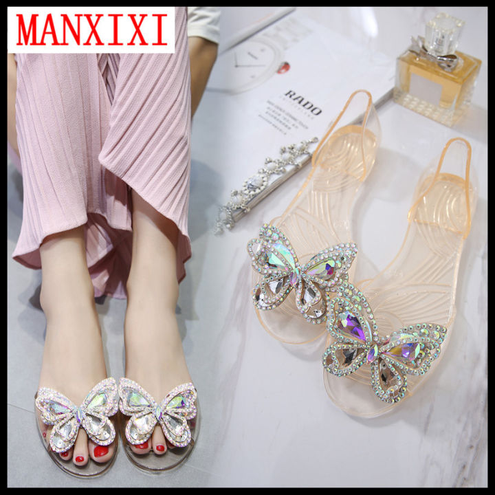 MANXIXI Fashion Beautiful Jelly Flat Sandals Butterfly Inlay Shoes For ...