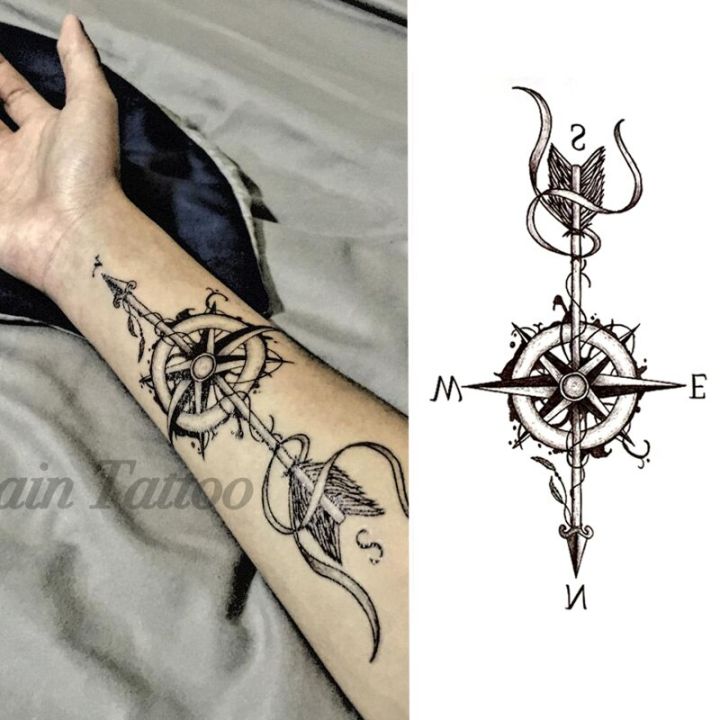【Happy childhood memories】Compass Arrows Black Flower Temporary Tattoo ...