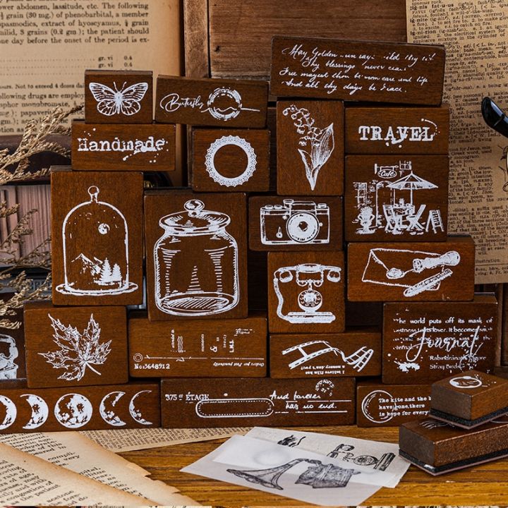 COONOTE 7pcs/set Vintage Memories of the Past Wood Stamps Retro ...