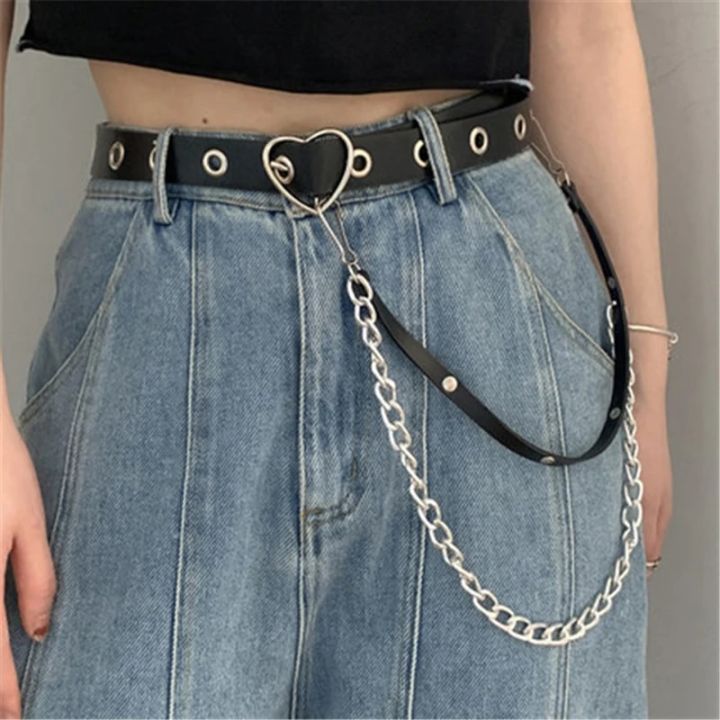 Hip Hop Chain Tassel Belts Punk Studded Pin Buckle PU Belt Y2K Uniis Black Casual PU Jeans Pants ...
