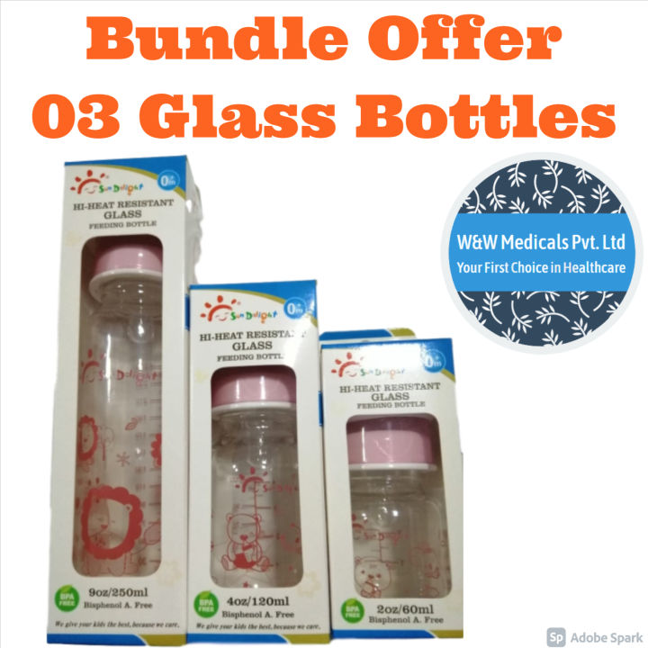 03 Sun Delight Baby Feeding Bottles Pack - Glass 60ml/120ml/250ml | Daraz.lk