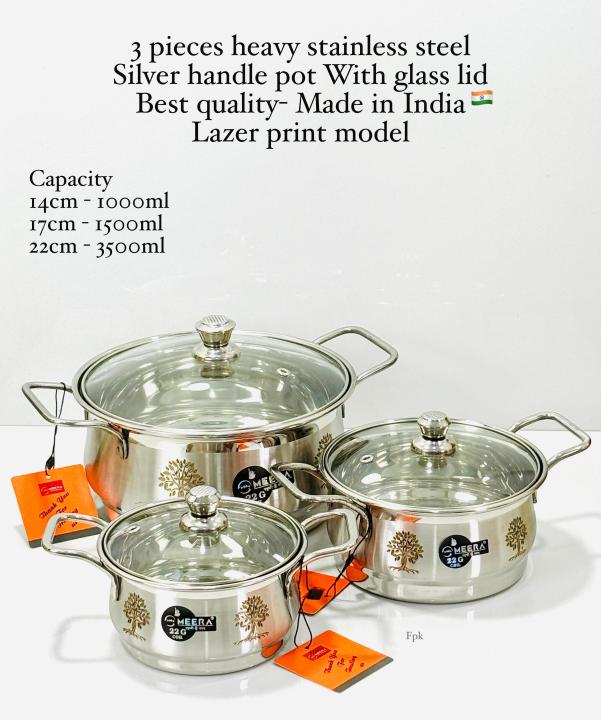 Premium Stainless Steel Cooking Pot / Kadai Pan with Glass Lid Double ...