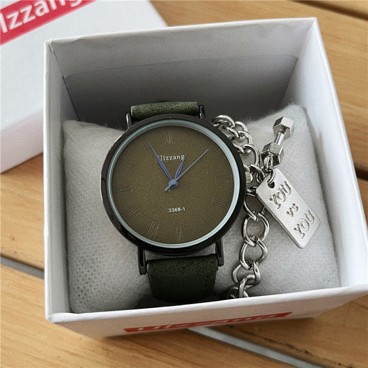Roman Dial Artistic Green Matte Leather Strap Watch Simple Retro ...