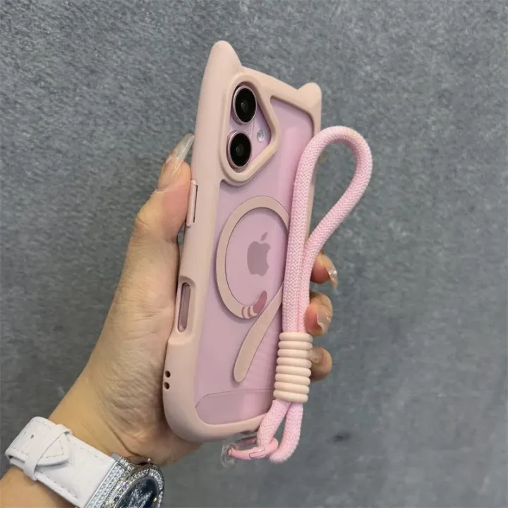 3D Cute Cat Ears Magsafe Phone Case with Chain C Armor Case With Wrist ...