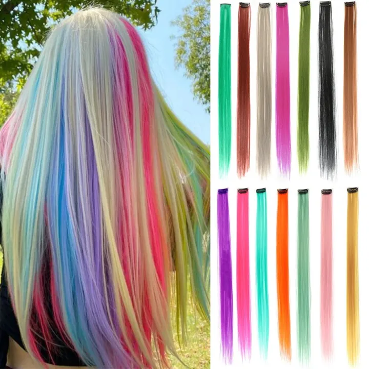 Synthetic Hair Straight Clip In Hair Extension Highlight Pink Blue ...