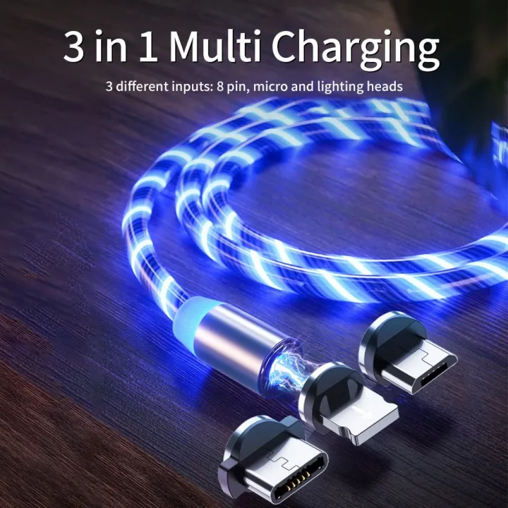 3 Pin LED Glowing Magnetic Cable 3 in one Illuminated Micro USB Type C ...