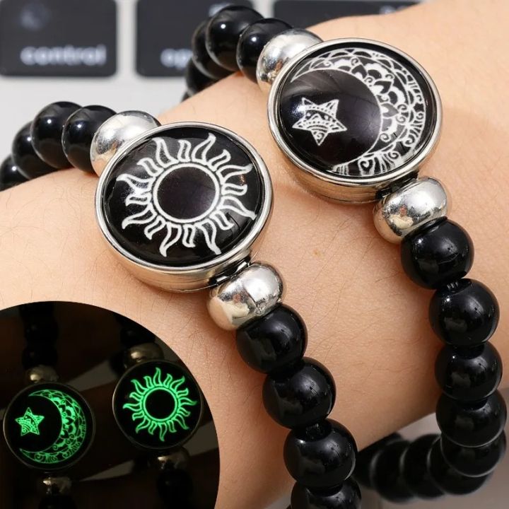 2Pcs Sun Moon Luminous Couple Bracelets Black Beaded Bracelets Romantic ...