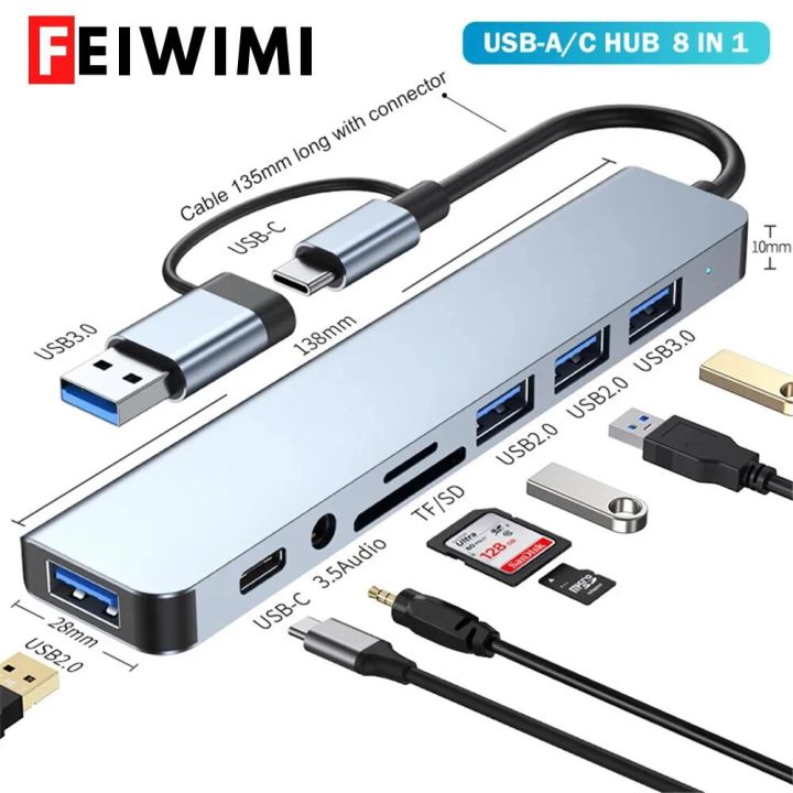 8 in 1 USB A Type C Hub Concentrator Docking Station 3 0 Multi Adapter SD TF Card Reader Audio ...