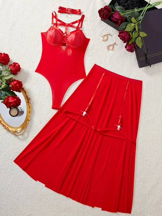 Women’s PU Leather Patchwork Bodysuit Set – Spaghetti Strap Lingerie ...