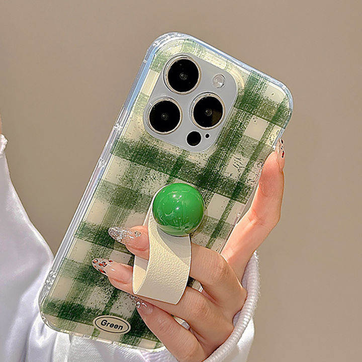 Korean Cute Green Grid Finger Ring Support Stand Holder Phone Case For ...