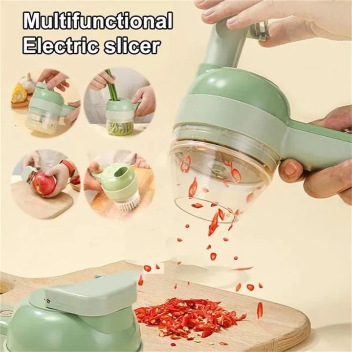 4 In 1 Electric Vegetable Cutter Set Portable Mini Wireless Food Processor Slicer Garlic Chili ...