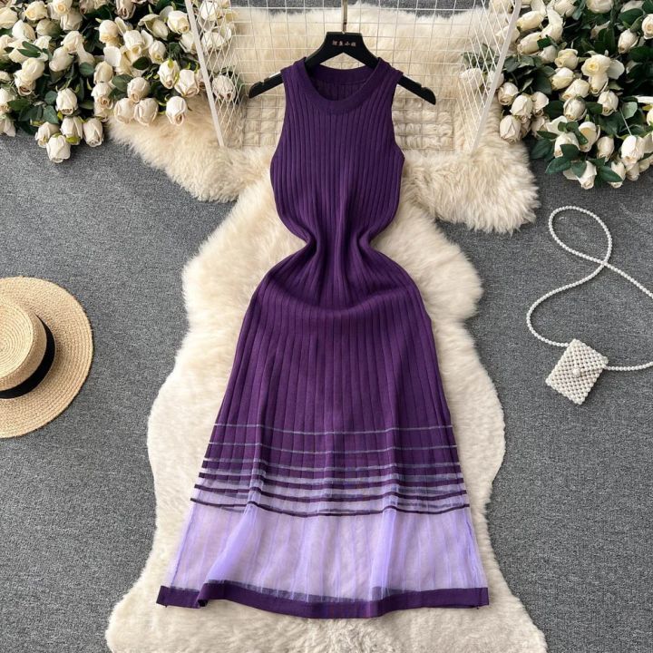 Fashion Patchwork Knitted Long Sundress Women Sleeveless Mesh Elastic ...