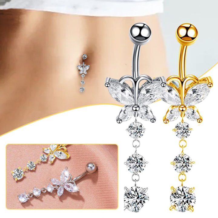 Shiny Butterfly Zircon Pendant Stainless Steel Belly Button Ring -Beautiful Flower Navel ...