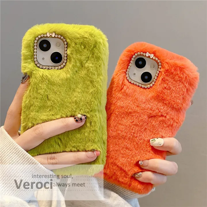 Green Orange Fluffy Fur Phone Case For Samsung Galaxy S24 S23 S22 Ultra ...