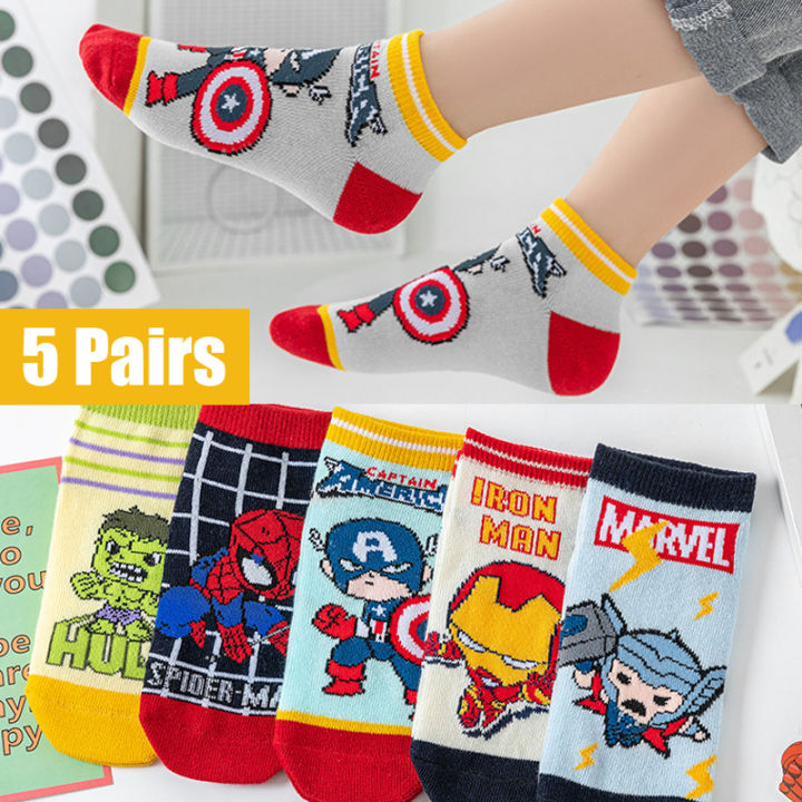 YaYazzTeT 5 Pairs Spiderman Children's Socks Marvel iron Man Hulk Thor ...