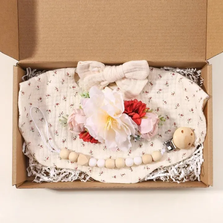 4Pcs/Set Flower Print Baby Bib Headband Elastic Nylon Hair Band Food ...